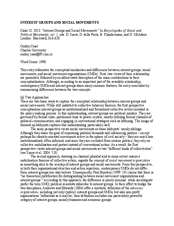 (DOC) Interest Groups and Social Movements