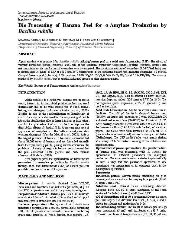 (PDF) Bio-Processing of Banana Peel for α-Amylase Production by Bacillus subtilis