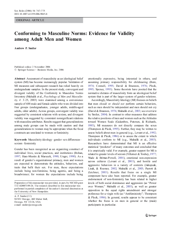 (PDF) Conforming to Masculine Norms: Evidence for Validity among Adult ...