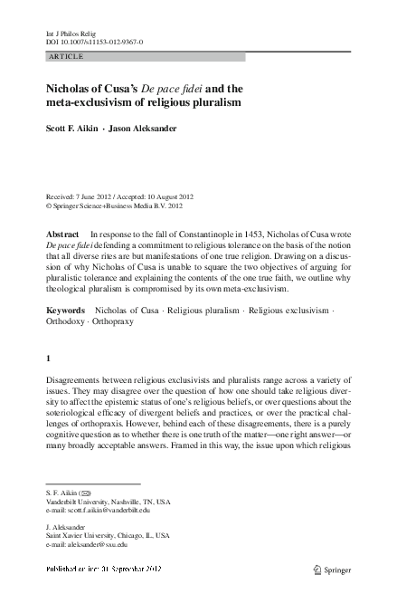 (PDF) Nicholas of Cusa’s De pace fidei and the Meta-exclusivism of ...