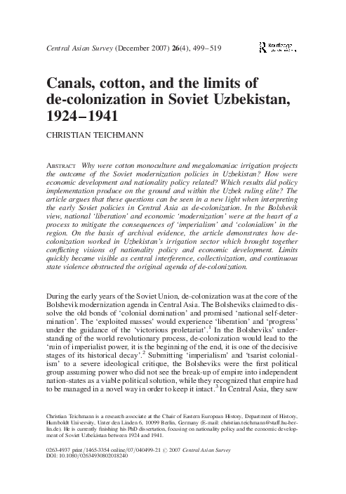 (PDF) Canals, Cotton, and the Limits of De-colonization in Soviet ...