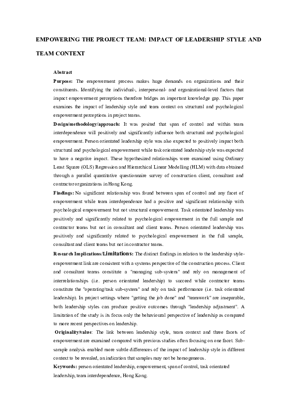 (PDF) Empowering the project team: Impact of leadership style and team ...