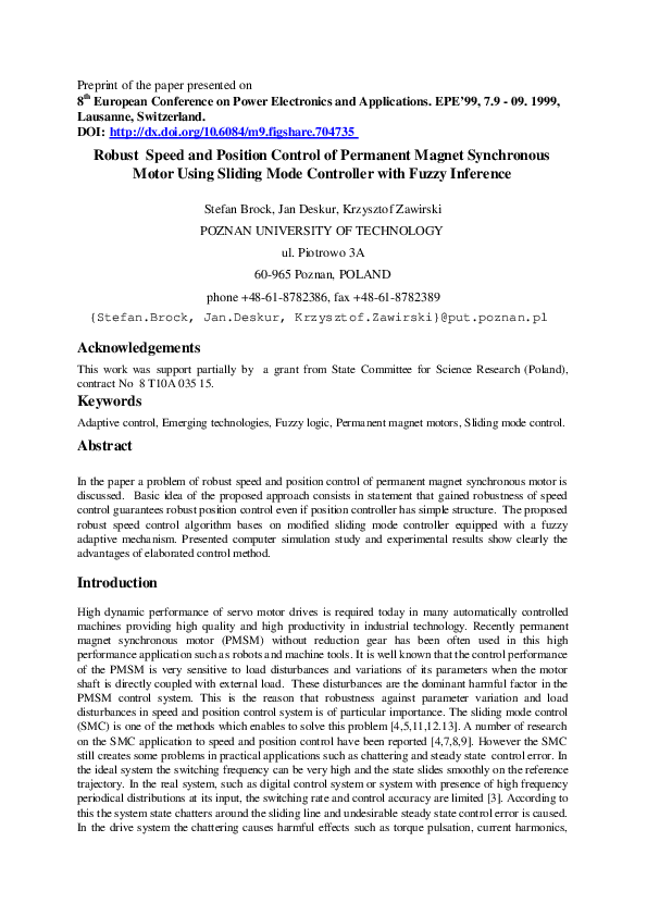 Pdf Robust Speed And Position Control Of Permanent Magnet Synchronous Motor Using Sliding Mode