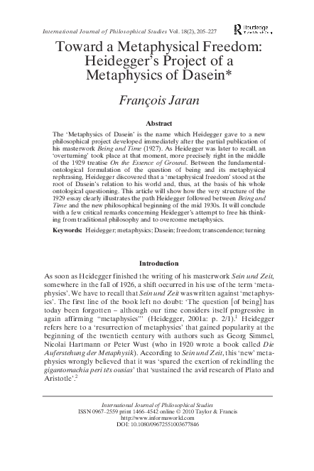 (PDF) Toward a Metaphysical Freedom: Heidegger's Project of a ...