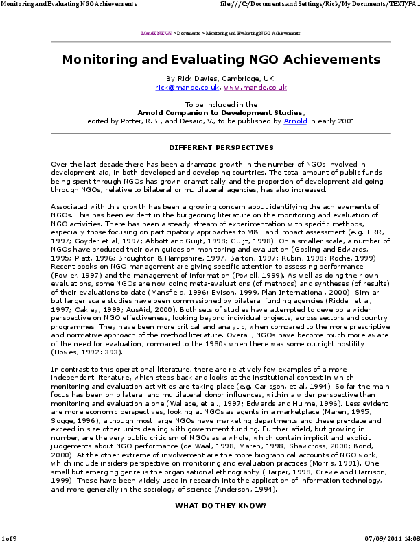 Monitoring and evaluating NGO achievements