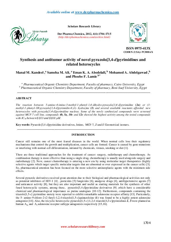 (PDF) Synthesis and antitumor activity of novel pyrazolo[3,4-d]pyrimidines and related heterocycles