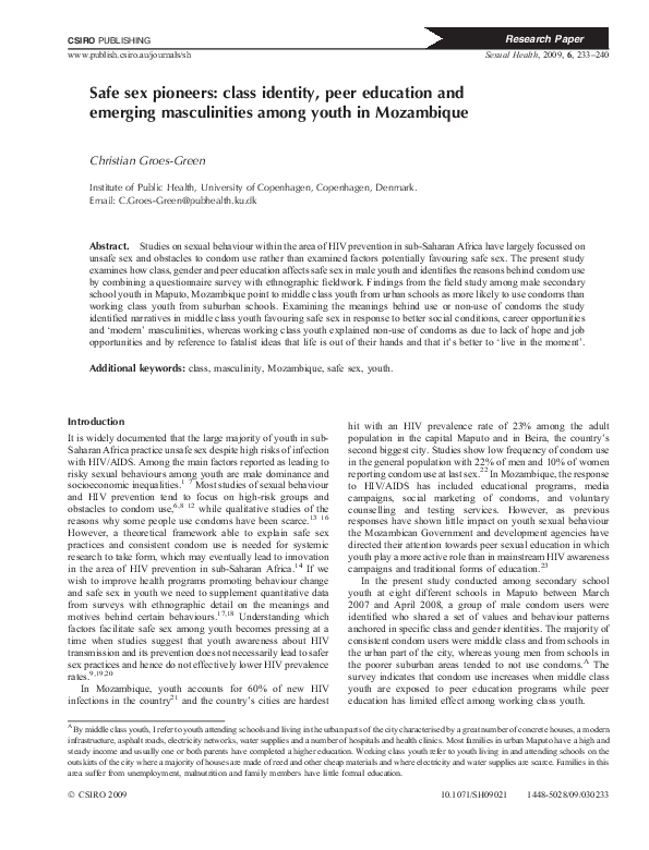 Pdf Safe Sex Pioneers Class Identity Peer Education And Emerging Masculinities Among Youth