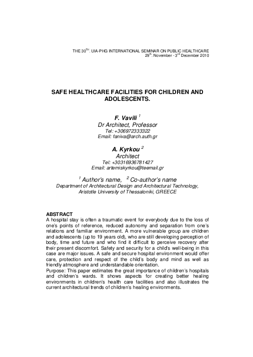 (PDF) SAFE HEALTHCARE FACILITIES FOR CHILDREN AND ADOLESCENTS.