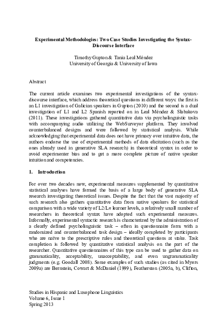 (PDF) (with Tania Leal-Méndez) Experimental Methodologies: Two Case Studies Investigating the ...