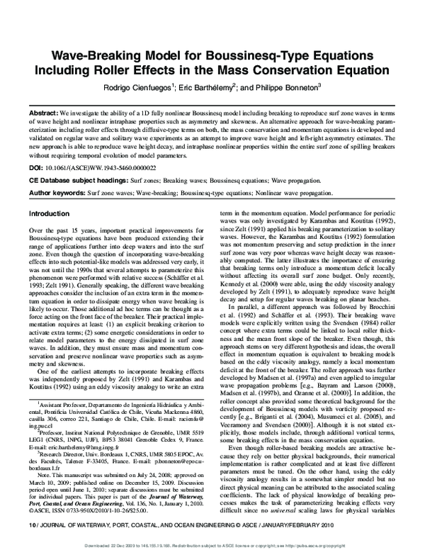 Pdf Wave Breaking Model For Boussinesq Type Equations Including Roller Effects In The Mass