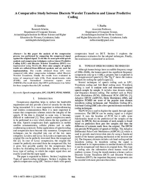 (PDF) A Comparative Study between Discrete Wavelet Transform and Linear Predictive Coding