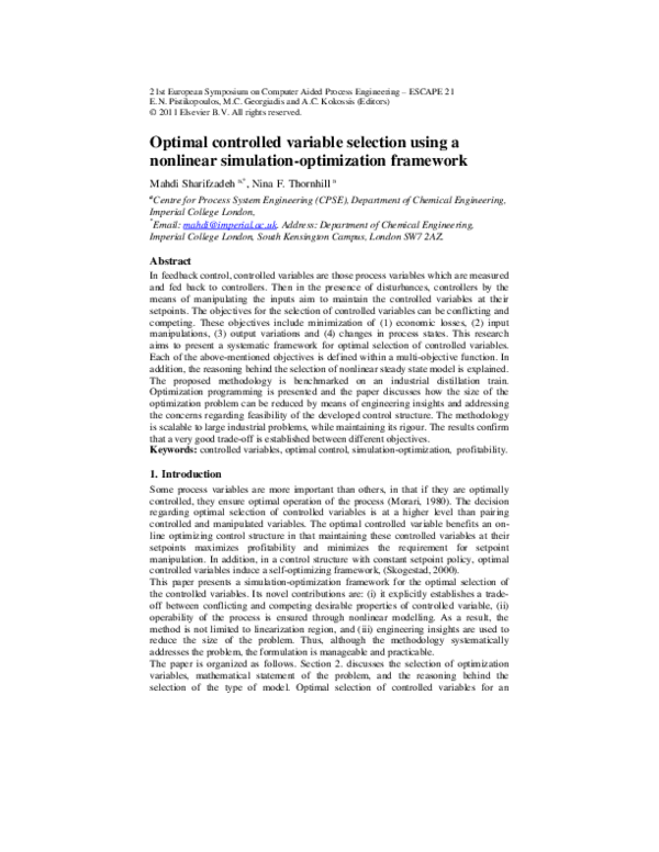 Pdf Optimal Controlled Variable Selection Using A Nonlinear Simulation Optimization Framework