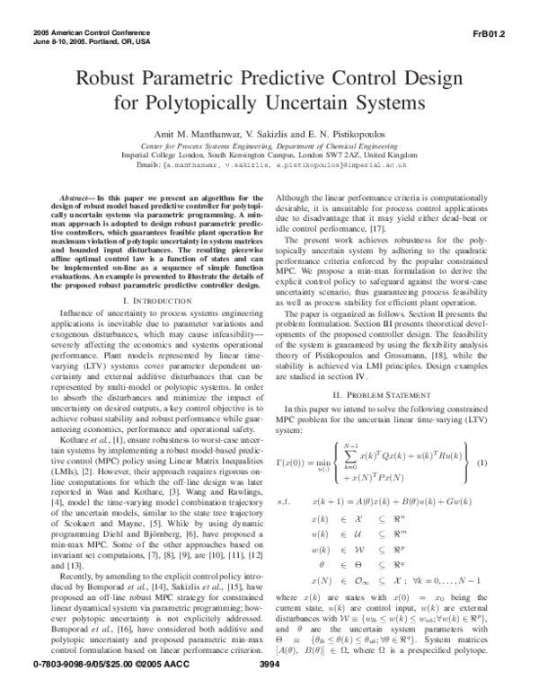 Pdf Robust Parametric Predictive Control Design For Polytopically Uncertain Systems