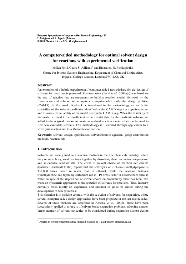 (PDF) A computer-aided methodology for optimal solvent design for reactions with experimental ...