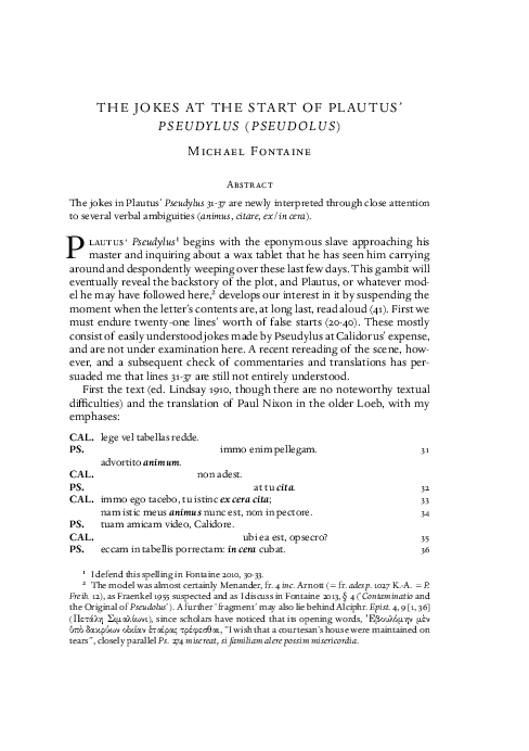 (PDF) The Jokes at the Start of Plautus' Pseudylus (Pseudolus)