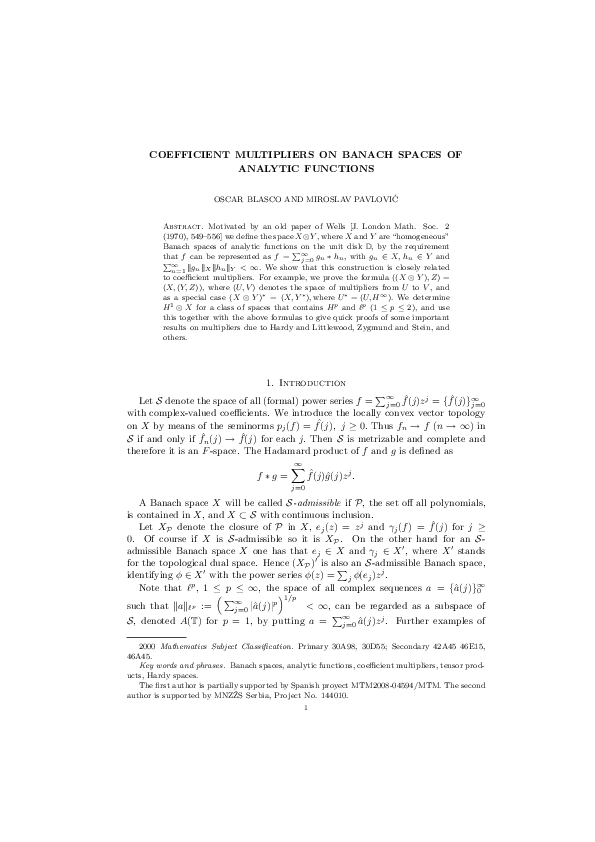 (PDF) COEFFICIENT MULTIPLIERS ON BANACH SPACES OF ANALYTIC FUNCTIONS