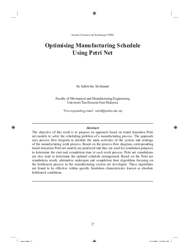 (PDF) Optimising manufacturing schedule using petri net