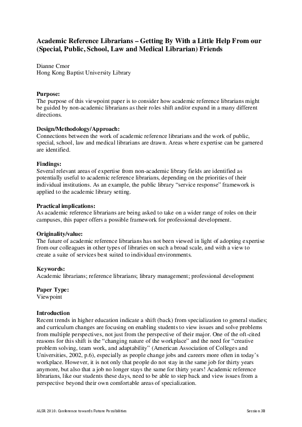 (PDF) Academic reference librarians : Getting by with a little help ...