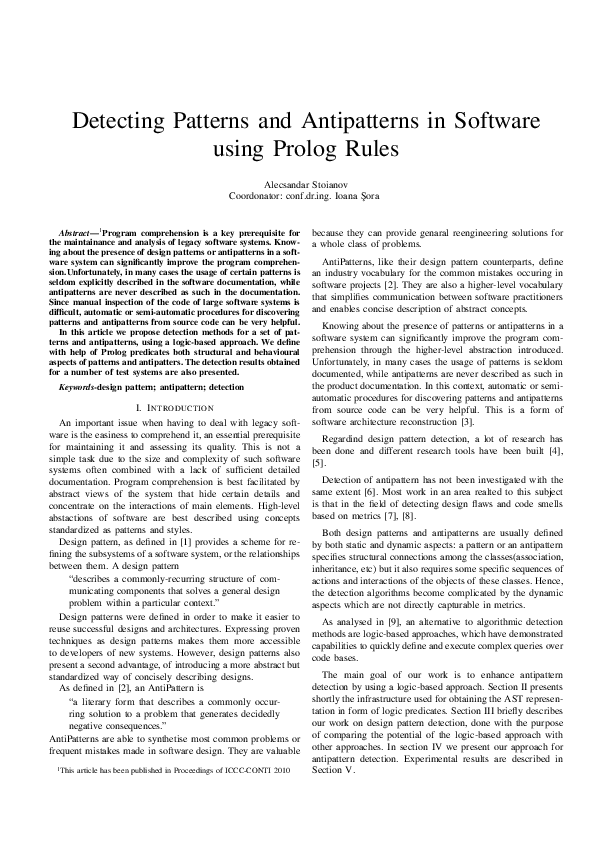 Pdf Detecting Patterns And Antipatterns In Software Using Prolog Rules