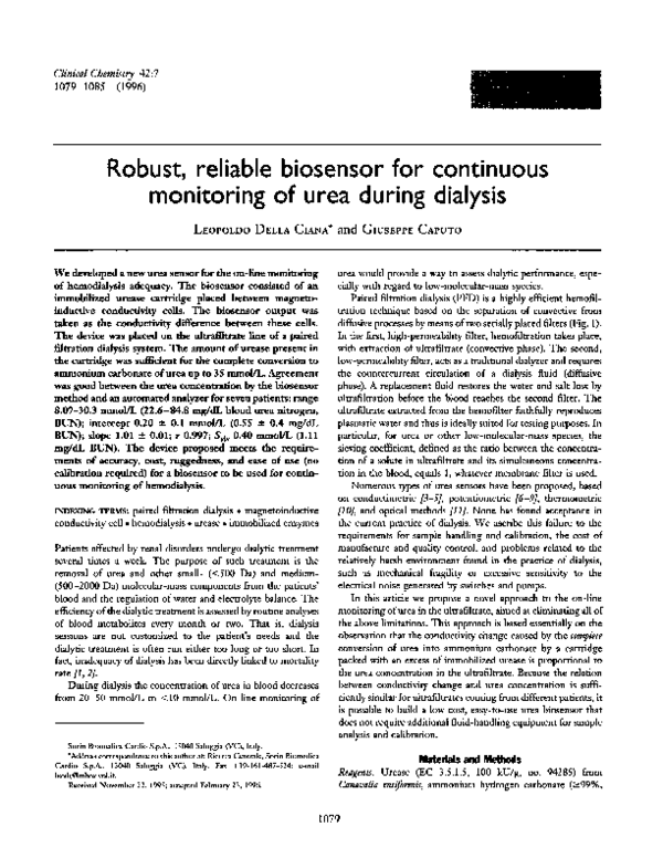 (PDF) Robust, reliable biosensor for continuous monitoring of urea during dialysis