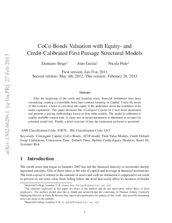(PDF) CoCo Bonds Valuation with Equity- and Credit-Calibrated First ...