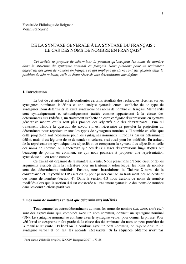 (PDF) De la syntaxe generale a la synataxe du francais: le cas des noms ...