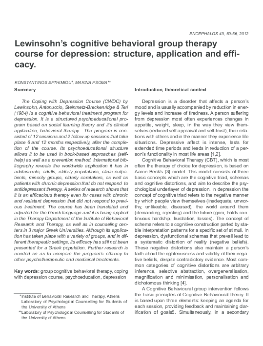 (PDF) Lewinsohn's cognitive behavioral group therapy course for depression: structure ...
