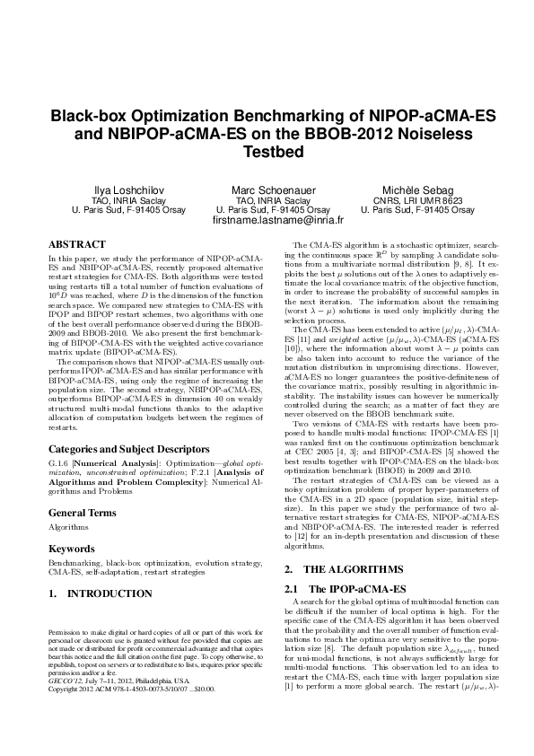 (PDF) Black-box Optimization Benchmarking of NIPOP-aCMA-ES and NBIPOP-aCMA-ES on the BBOB-2012 ...