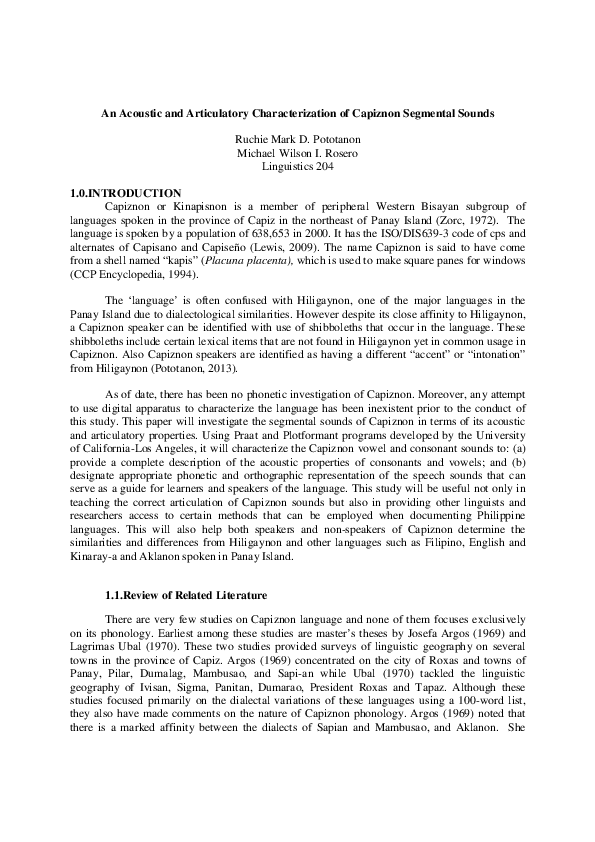 (PDF) An Acoustic and Articulatory Investigation of Capiznon Segmental ...