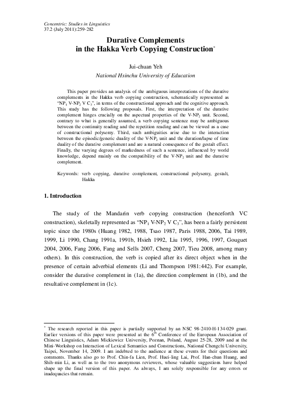 (PDF) Durative Complements in the Hakka Verb Copying Construction