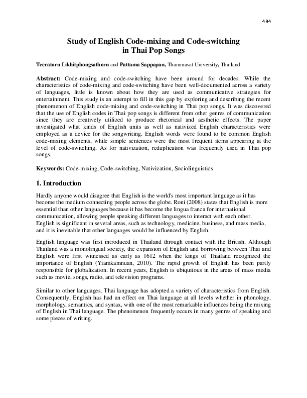 (PDF) Study of English Code-mixing and Code-switching in Thai Pop Songs