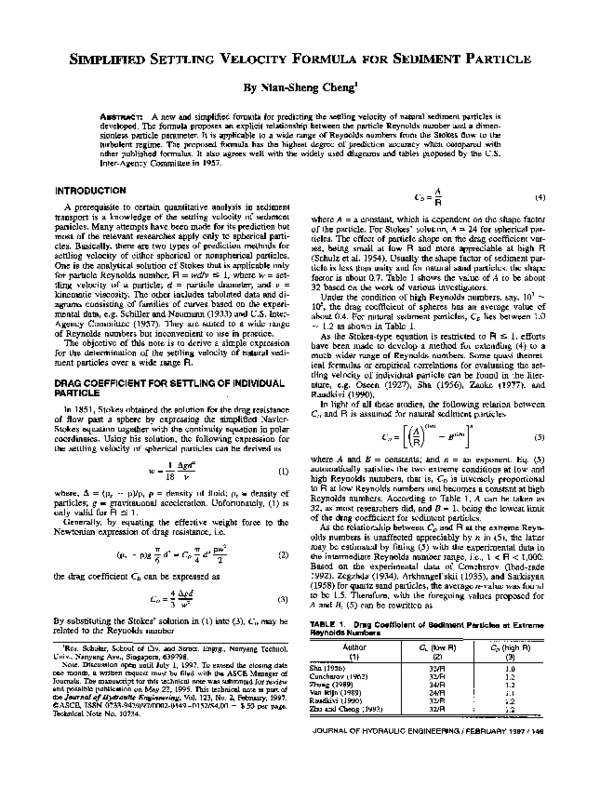 Pdf Simplified Settling Velocity Formula For Sediment Particle