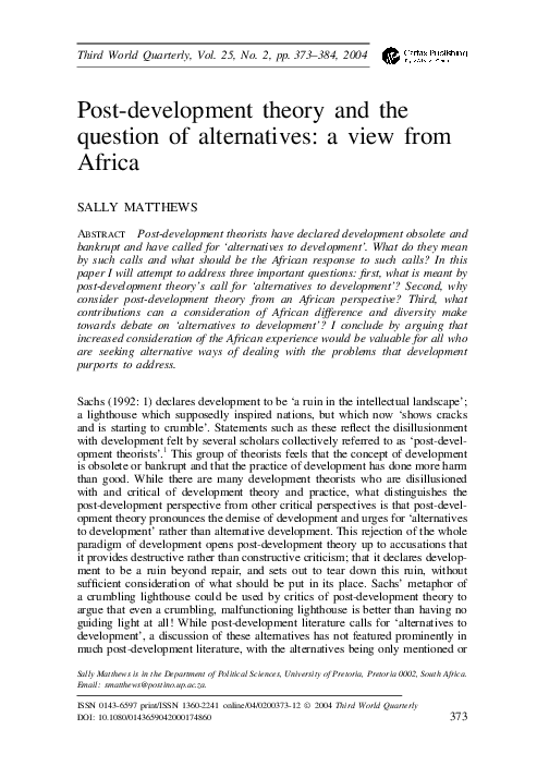 (PDF) Post-Development Theory and the Question of Alternatives: a View From Africa