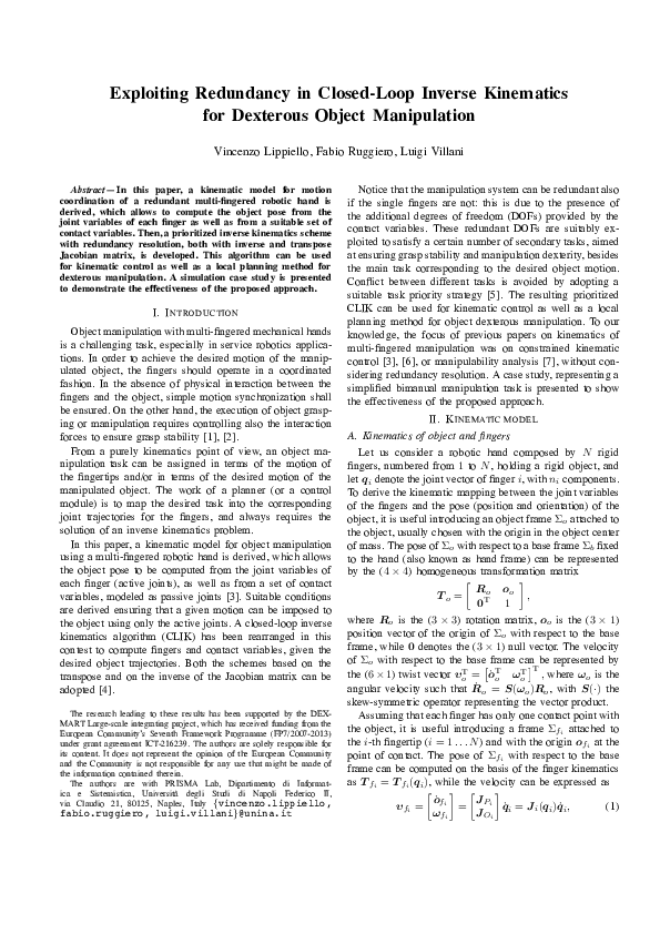 Pdf Exploiting Redundancy In Closed Loop Inverse Kinematics For Dexterous Object Manipulation