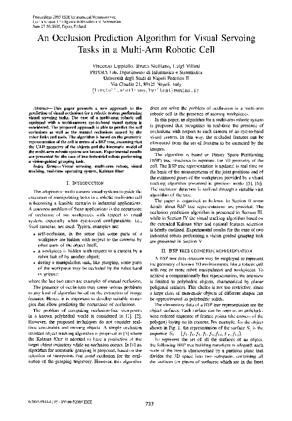 Pdf An Occlusion Prediction Algorithm For Visual Servoing Tasks In A Multi Arm Robotic Cell