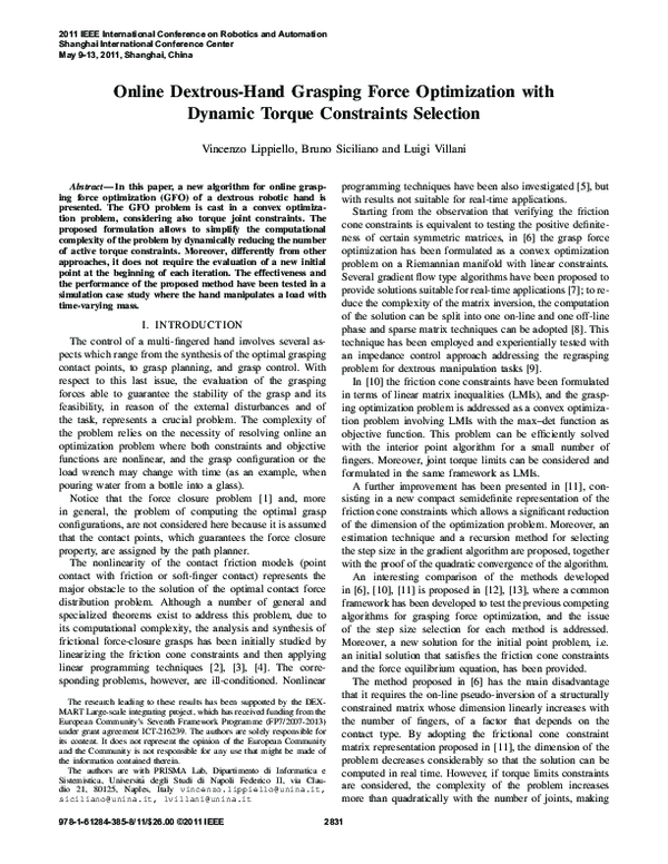 Pdf Online Dextrous Hand Grasping Force Optimization With Dynamic Torque Constraints Selection