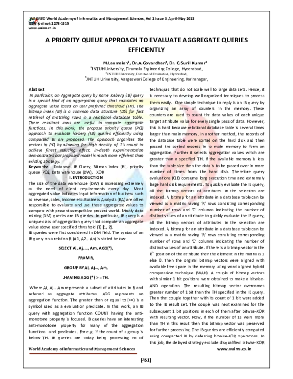 Pdf Apriorityqueueapproachtoevaluateaggregatequeriesefficientl