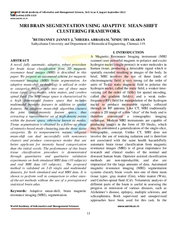 (PDF) MRI BRAIN SEGMENTATION USING ADAPTIVE MEAN-SHIFT CLUSTERING FRAMEWORK (PDF) MRI BRAIN SEGMENTATION USING ADAPTIVE MEAN-SHIFT CLUSTERING FRAMEWORK