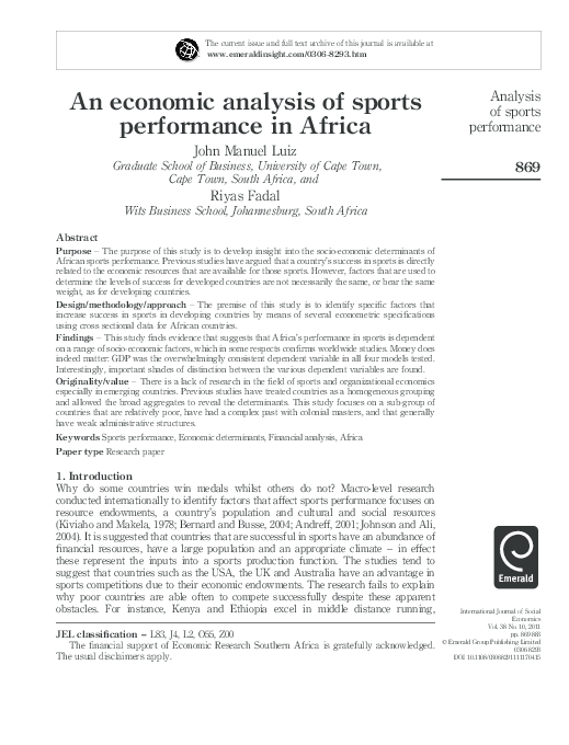 (PDF) An Economic Analysis of Sports Performance In Africa