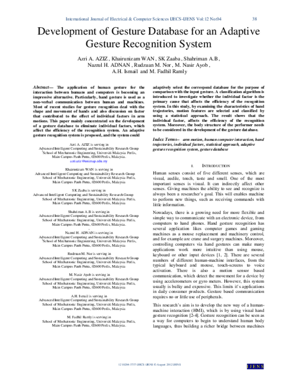 Pdf Development Of Gesture Database For An Adaptive Gesture Recognition System