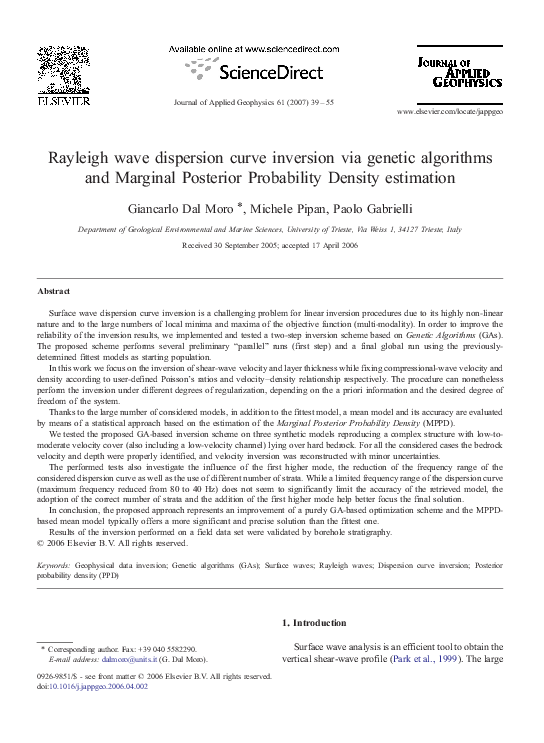 (PDF) Rayleigh wave dispersion curve inversion via genetic algorithms and Marginal Posterior ...