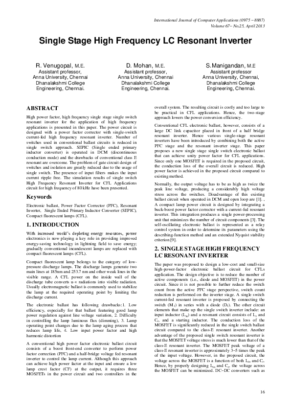 (PDF) Single Stage High Frequency LC Resonant Inverter