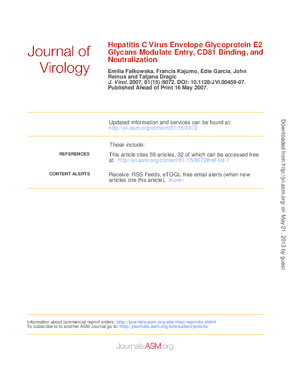 (PDF) Hepatitis C Virus Envelope Glycoprotein E2 Glycans Modulate Entry ...