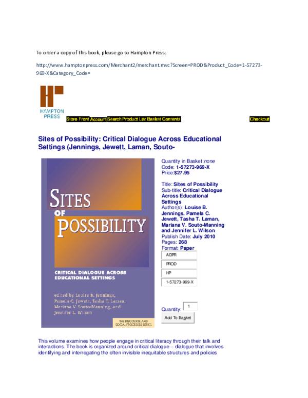 (DOC) Book: Sites of Possibility: Critical Dialogue Across Educational ...