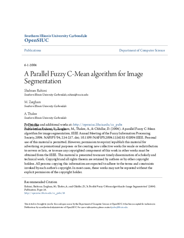 Pdf A Parallel Fuzzy C Mean Algorithm For Image Segmentation