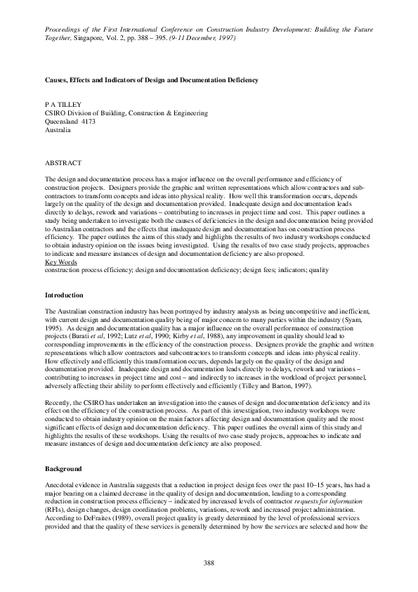 (PDF) Causes, Effects and Indicators of Design and Documentation Deficiency