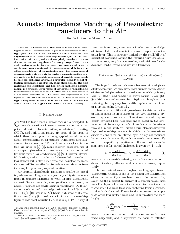 Pdf Acoustic Impedance Matching Of Piezoelectric Transducers To The Air