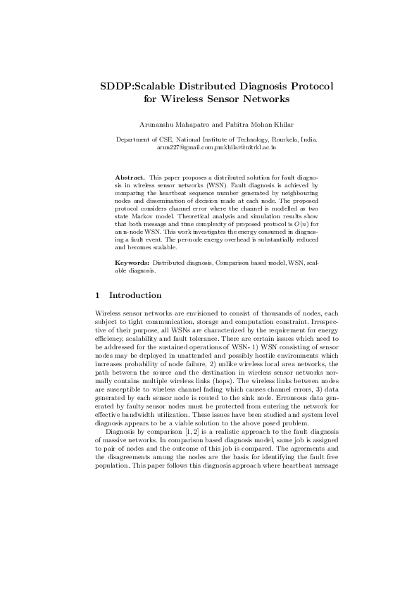 Pdf Sddp Scalable Distributed Diagnosis Protocol For Wireless Sensor