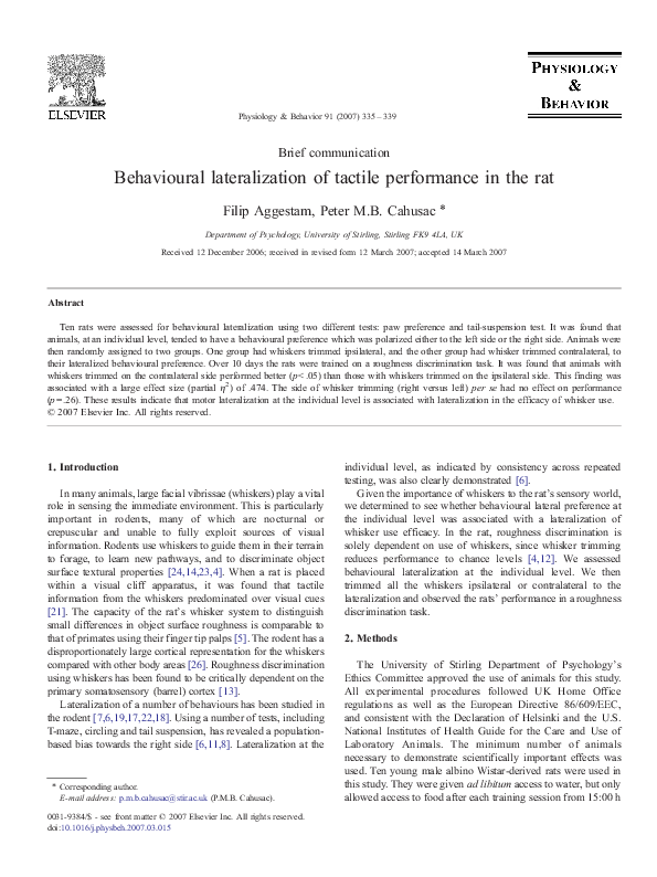 (PDF) Brief communication Behavioural lateralization of tactile ...