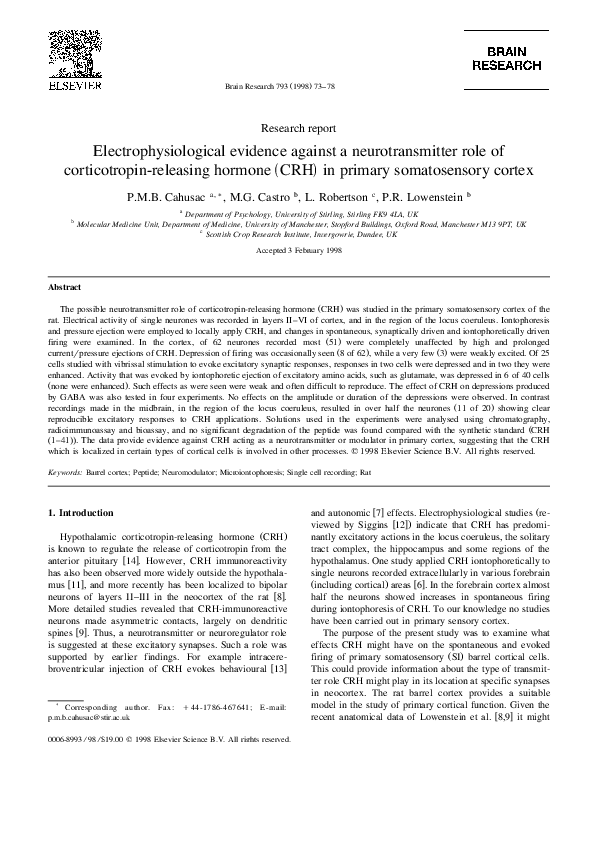 (PDF) corticotropin-releasing hormone CRH in primary somatosensory cortex